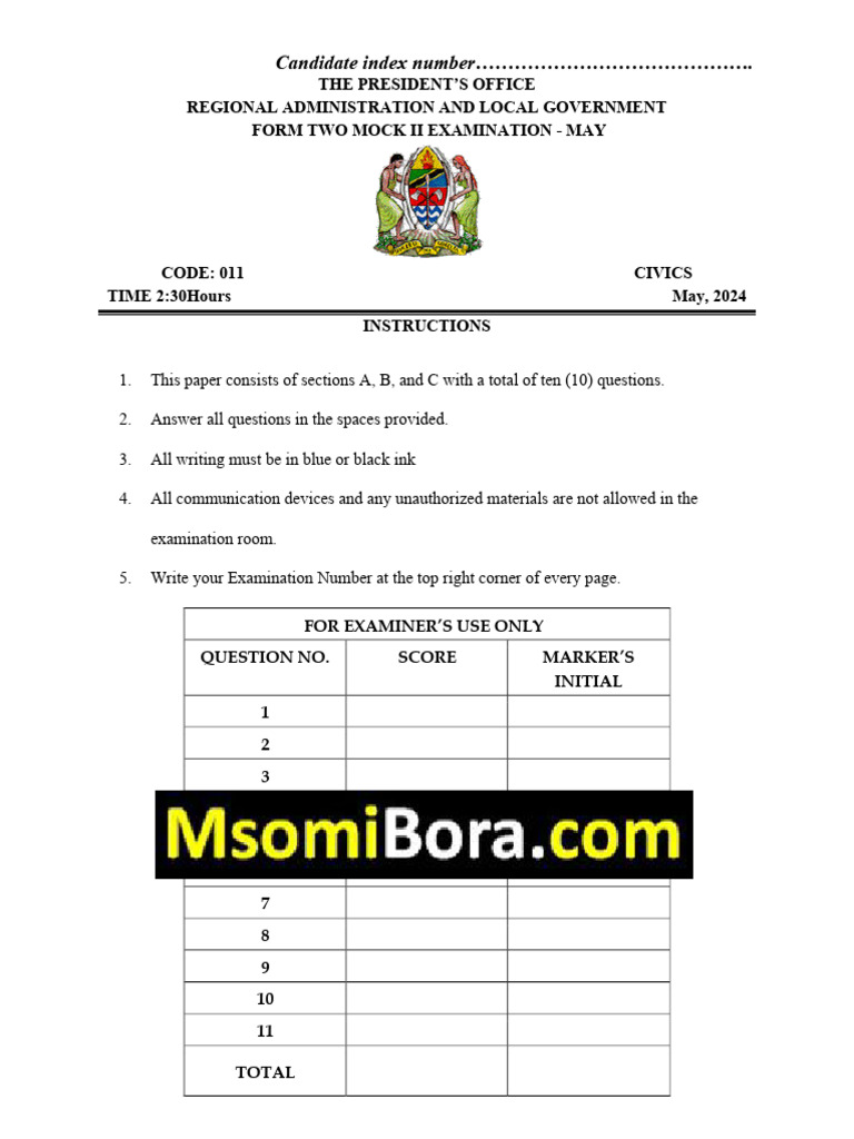 Civics Form Two Mock Exam 2024 | PDF | Social Equality | Justice