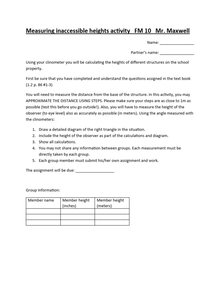 FM 10 Tangent Measuring Inaccessible Heights Activity | PDF | Euclidean ...
