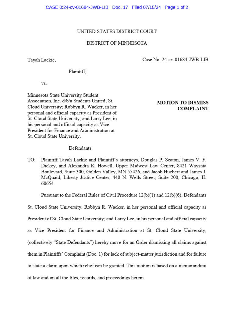 Motion to Dismiss in Lackie v. MSUSA | PDF | Complaint | Federal Rules ...