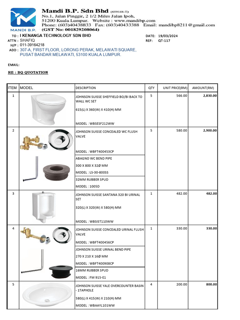 Sanitary Fittings Quotation-Mandi BP | PDF | Sink | Plumbing