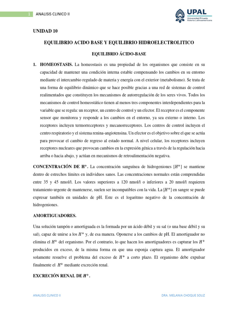 Unidad 10 Equi Acido Base y Electrolitos | PDF | Electrólito | Homeostasis