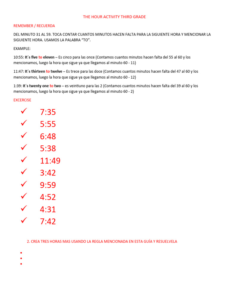 The Hour Activity Third Grade | PDF