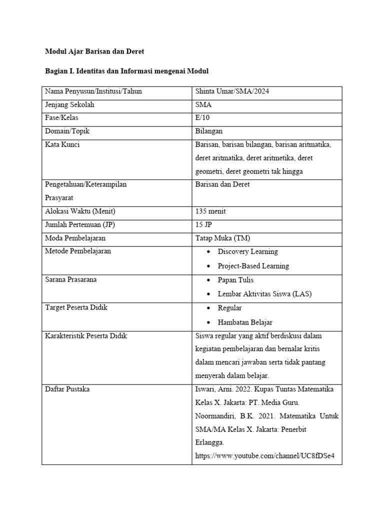 Modul Ajar Barisan dan Deret_Shinta_Microteahing | PDF