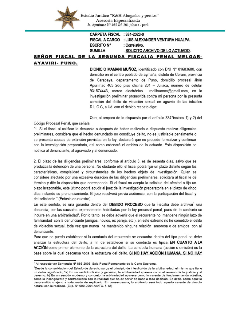 Solicito Archivo de Actuado de Dionicio Mamani | PDF | Fiscal | Derecho penal