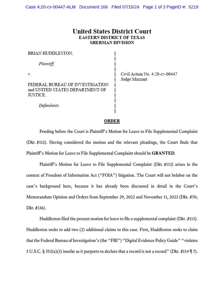 Order Allowing Supplemental Complaint in Seth Rich FOIA Case | PDF ...