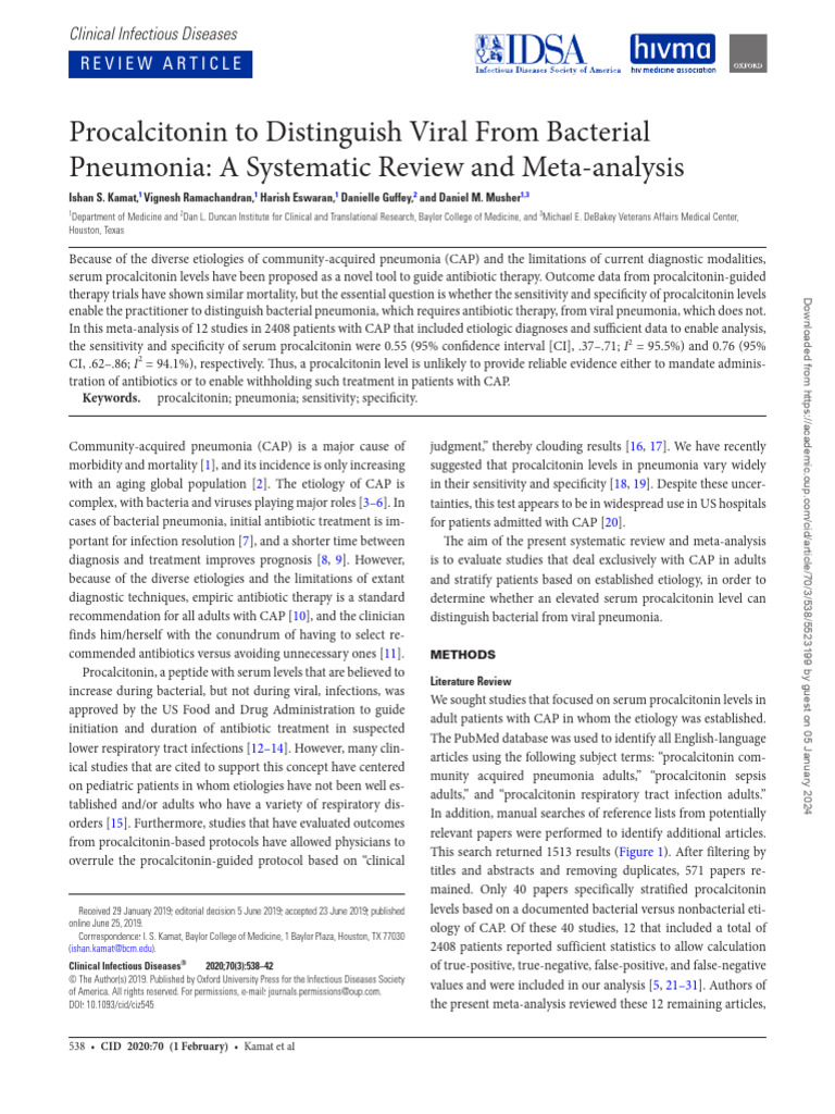 Procalcitonin to Distinguish Viral From Bacterial | PDF | Pneumonia | Medical Statistics