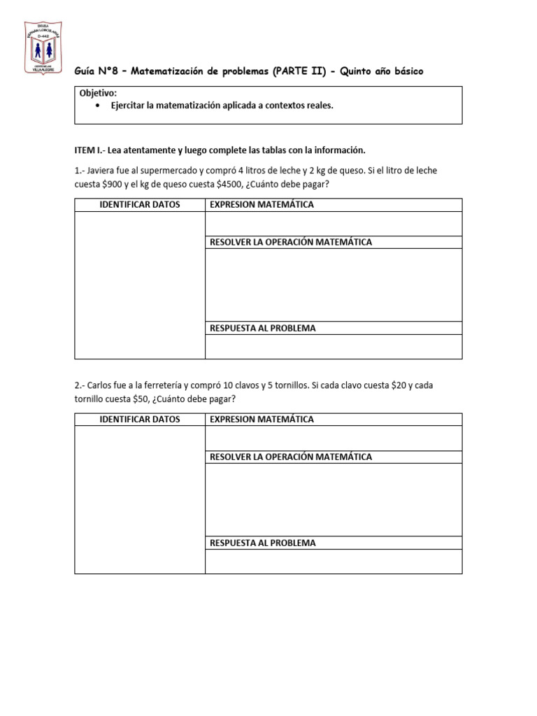 Quinto - Guia N°8 - Matemátizacion de Problemas Parte Ii | PDF