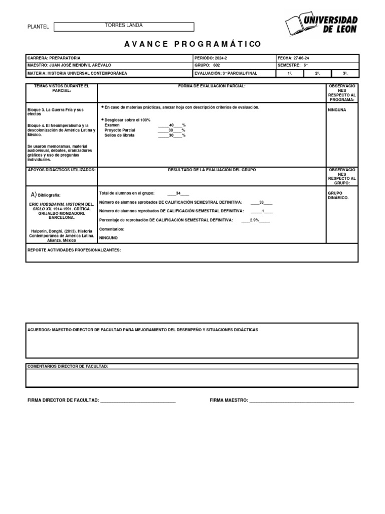 Avance Prog. P-24-2 3er. Parcial HISTORIA 602 | PDF