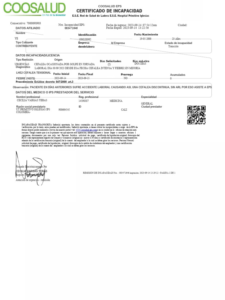 Incapacidad Activa Coosalud 1 | PDF | Medicina