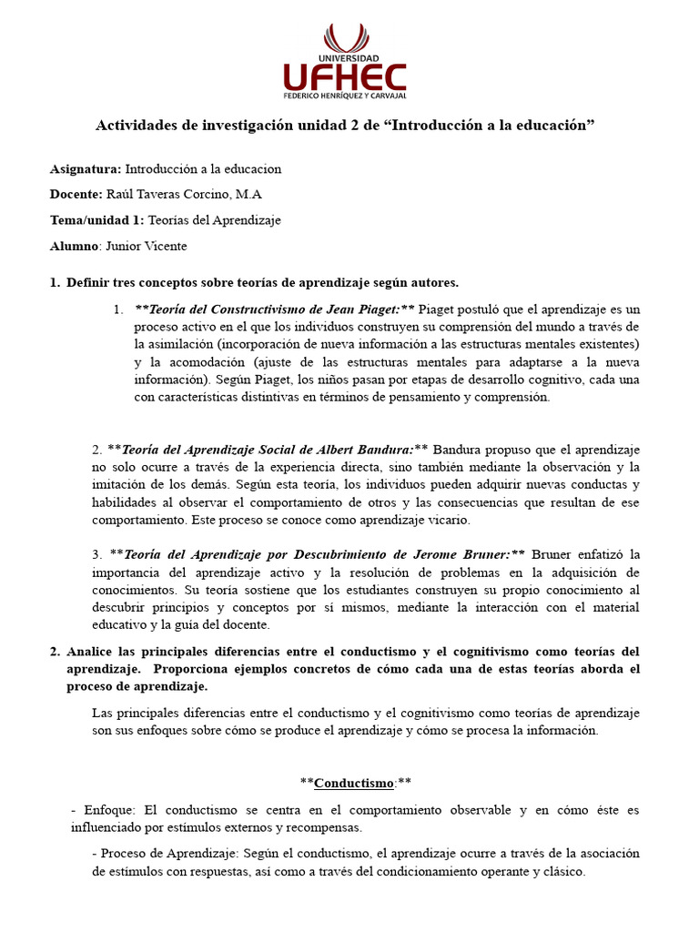 Actividades de investigación unidad 2 Teorías del Aprendizaje | Descargar gratis PDF ...