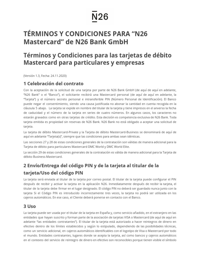 N26 Mastercard - TÉRMINOS Y CONDICIONES | PDF | Tarjeta de débito | Master Card