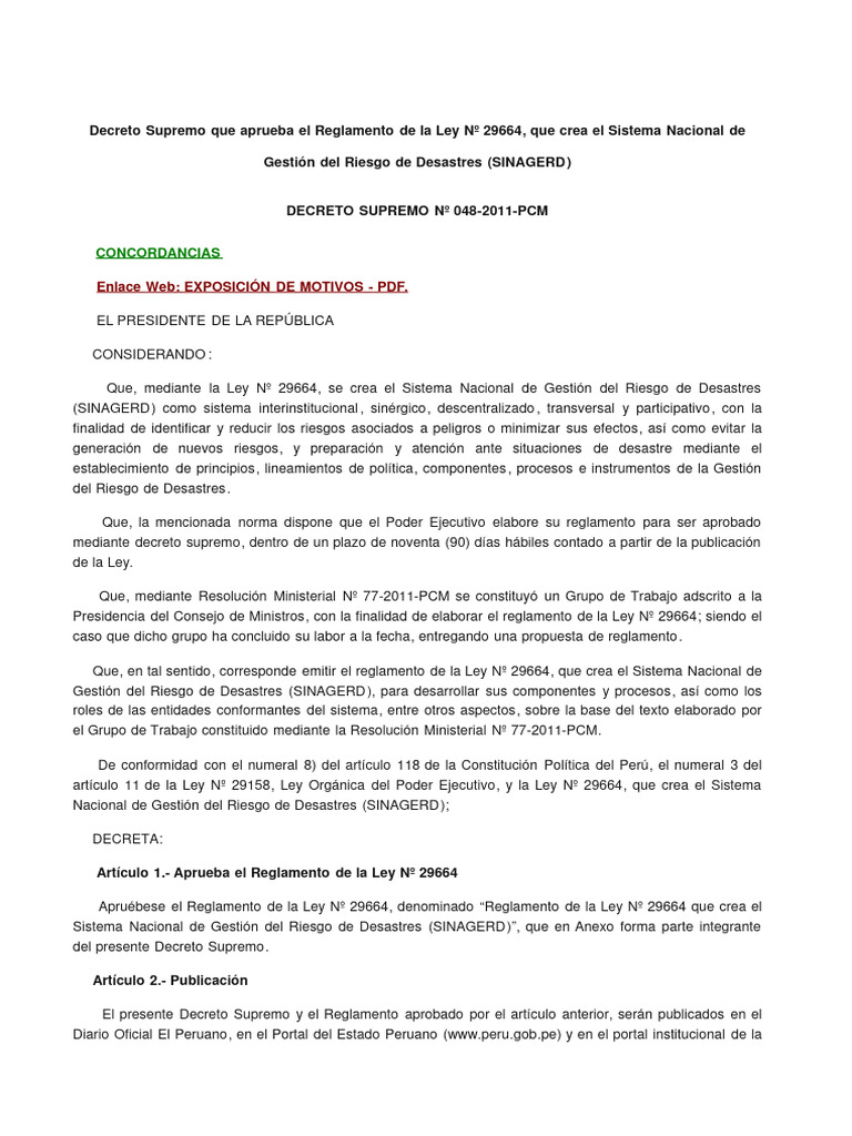 D.S.048-2011-PCM Reglto 29664 | PDF | Reducción de Desastres | Riesgo