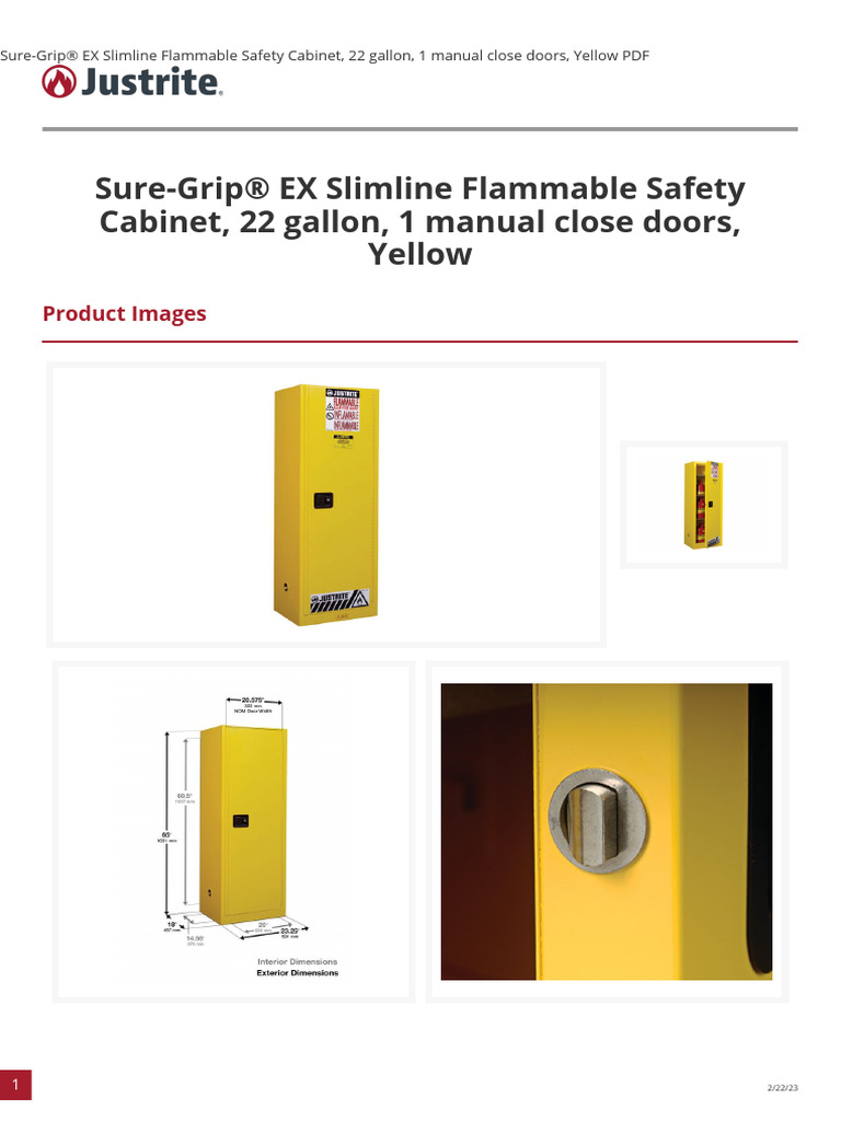 Sure Grip EX Slimline Flammable Safety Cabinet 22 Gallon 1 Manual Close ...