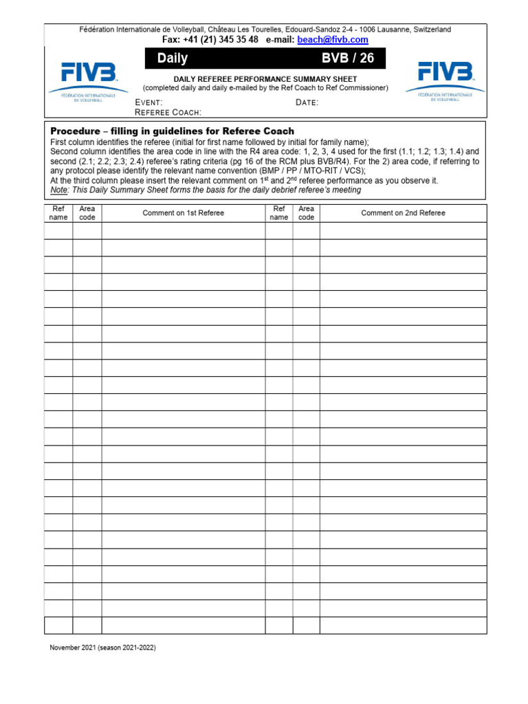 Daily Referee Performance Summary Sheet 21-22 | PDF
