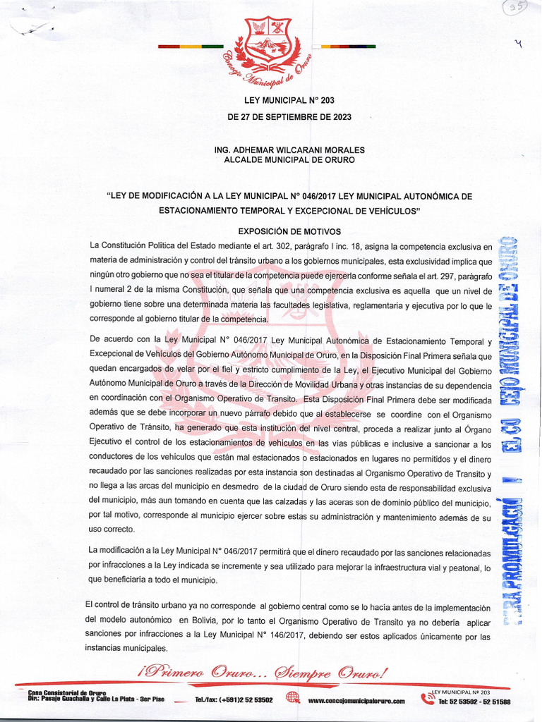 Ley Municipal 203 Ley de Modificacion A La LEy Municipal No 046 ...