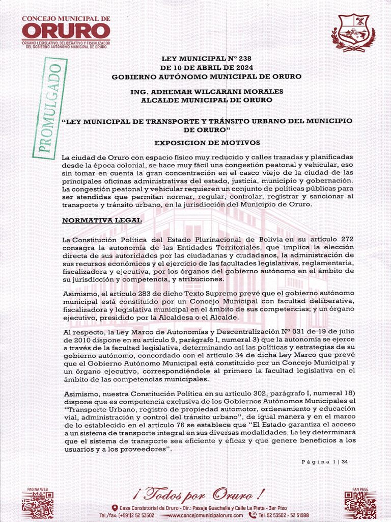 Ley Municipal 238 Ley Municipal de Transporte y Transito Urbano | PDF