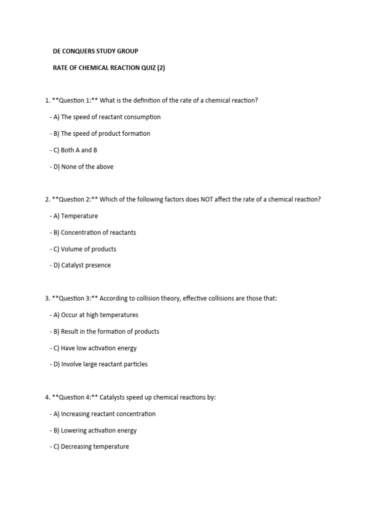 Rate of Reaction Quiz | PDF | Reaction Rate | Activation Energy Rate of Reaction Quiz | PDF | Reaction Rate | Activation Energy