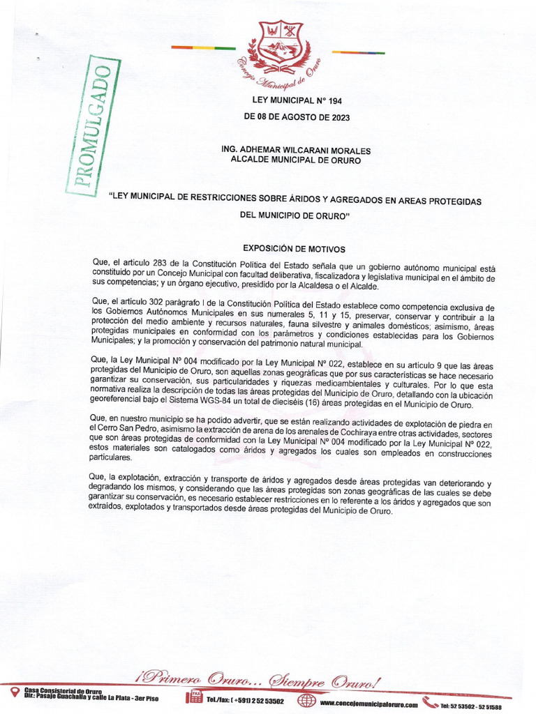Ley Municipal 194 Ley Municipal Restricciones Sobre Agregados en Areas ...