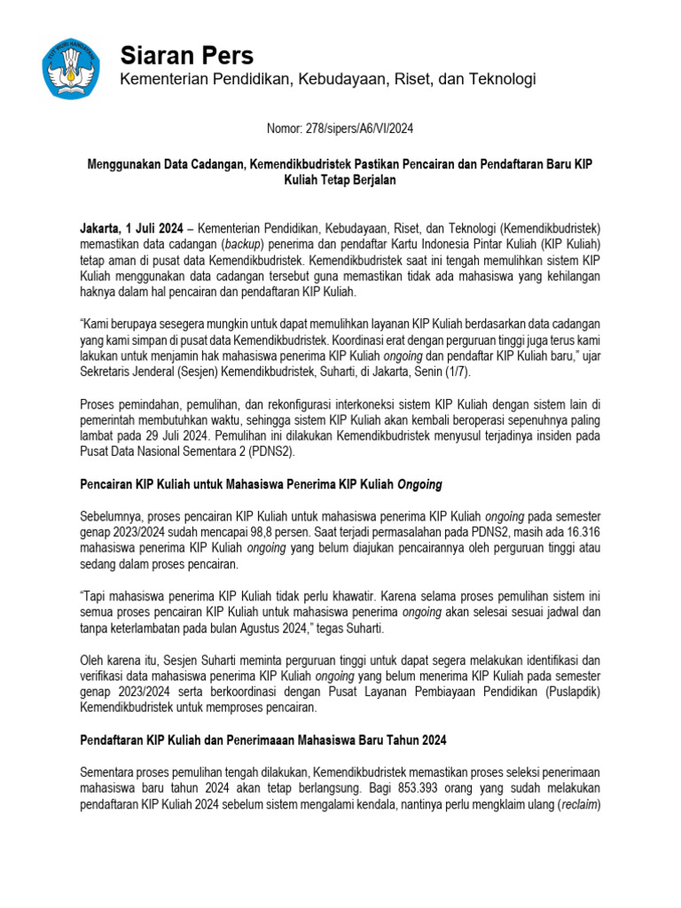 Siaran Pers 278 - Menggunakan Data Cadangan, Kemendikbudristek Pastikan Pencairan Dan ...