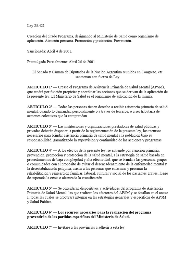 Ley 25421 | PDF | Salud mental