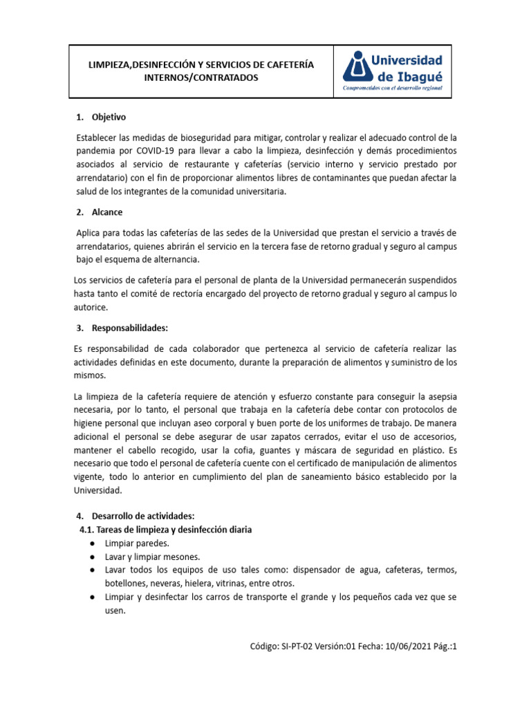 Si Pt 02 Protocolo De Limpieza Desinfección Y Servicios De Cafetería Pdf Lavado De Manos