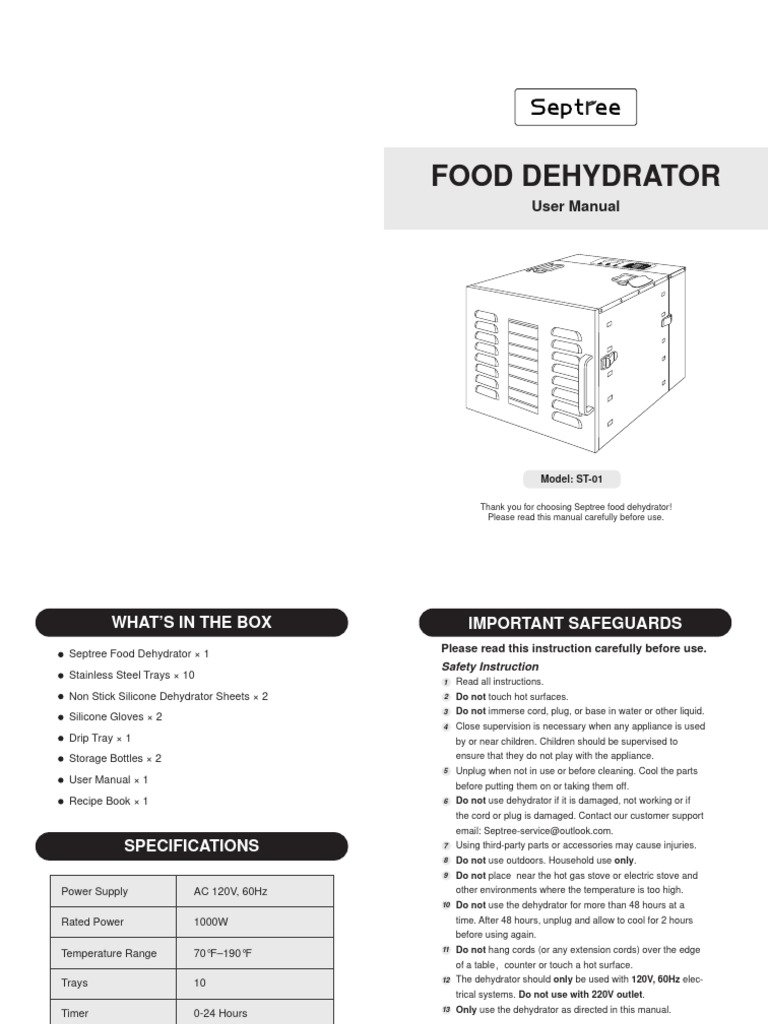 Food Dehydrator: User Manual | PDF | Electrical Connector | Water