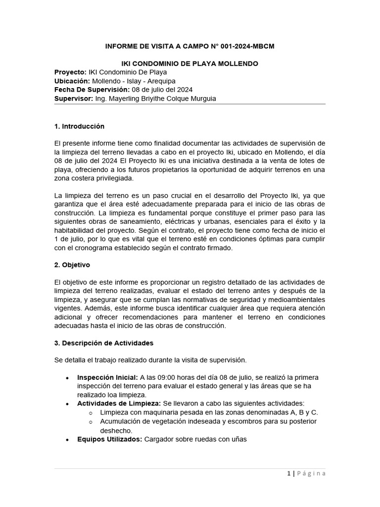 INFORME DE VISITA A CAMPO N° 001-2024-MBCM | PDF