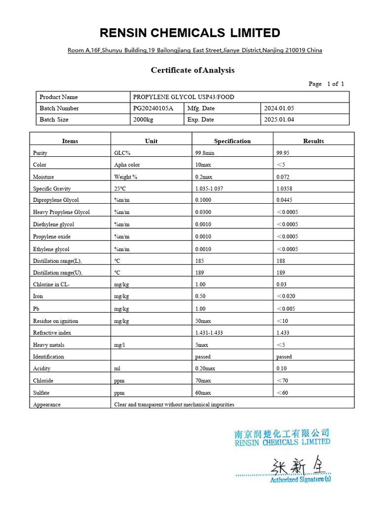 Coa-Propylene Glycol Usp Food Grade | PDF | Chlorine | Magnesium