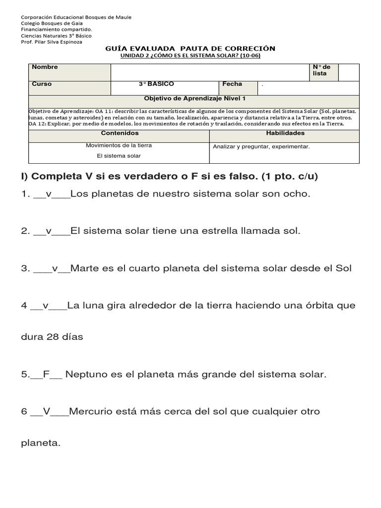 PAUTA Guía Ev. Sistema Solar 10 - 06 | PDF | Sistema solar | Planetas