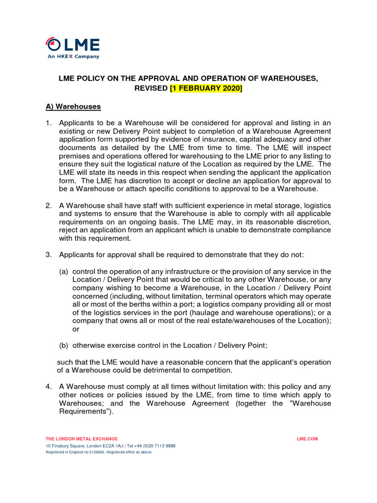 LME Policy On The Approval and Operation of Warehouses | PDF ...