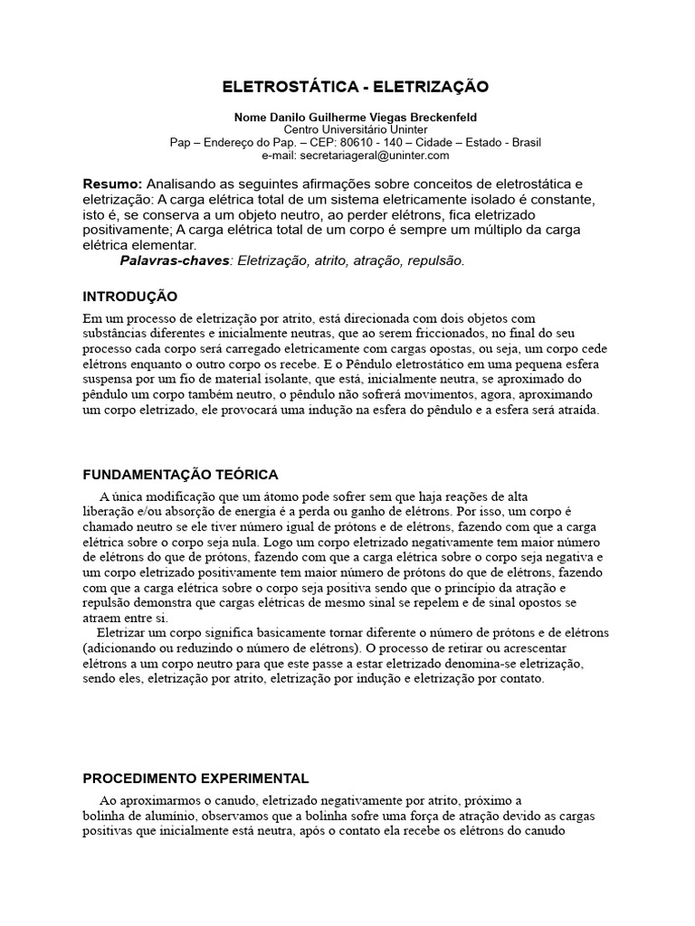 Modelo de Relatorio 2 em | PDF | Carga elétrica | Eletricidade