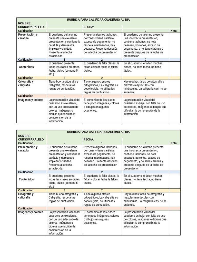 RUBRICA PARA CALIFICAR CUADERNO AL DIA | Descargar gratis PDF ...