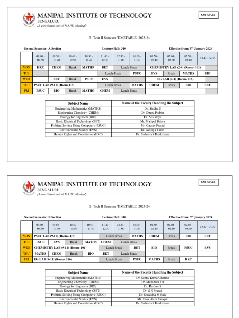 Second Semester Class Timetable 2023-24 | PDF | Mathematics | Engineering