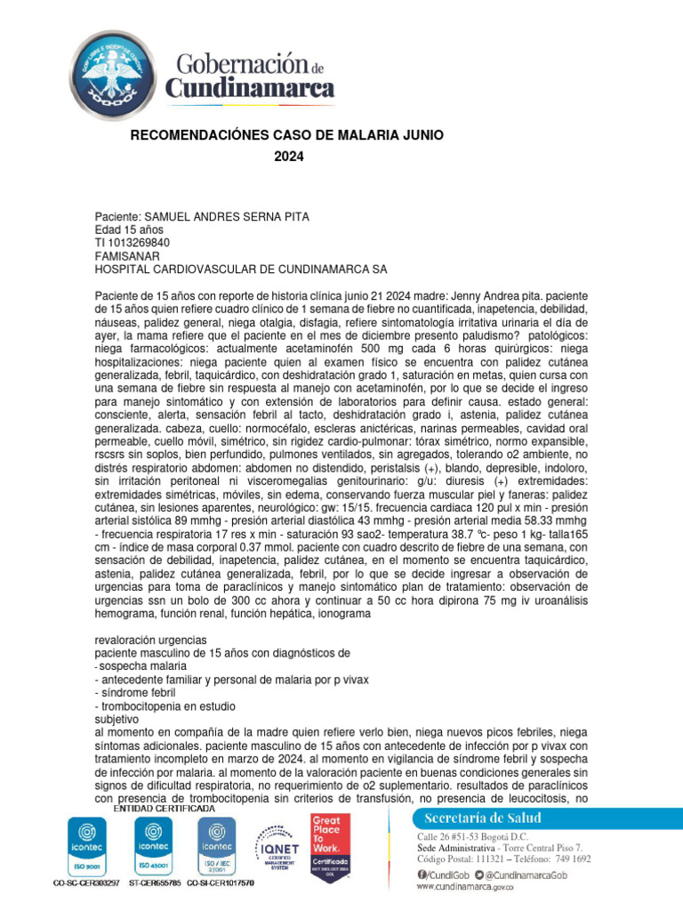Recomendación Caso MALARIA SAMUEL ANDRES SERNA PITA 1 | PDF | Malaria ...