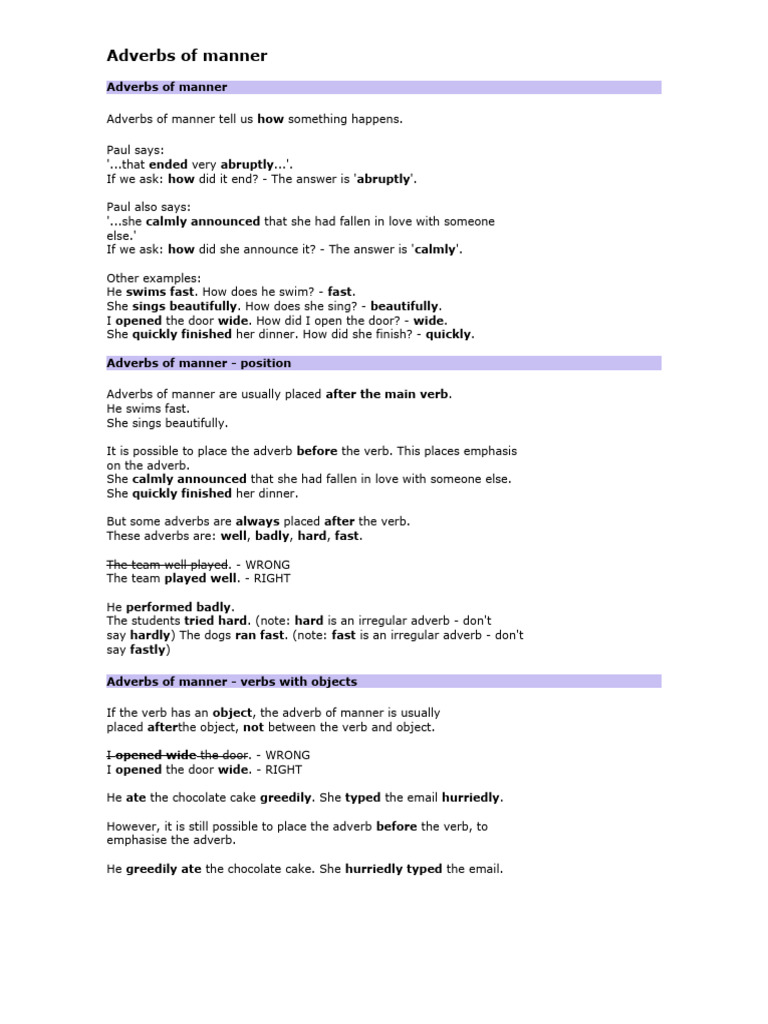 Adverbs of Manner Explanation | PDF | Adverb | Verb