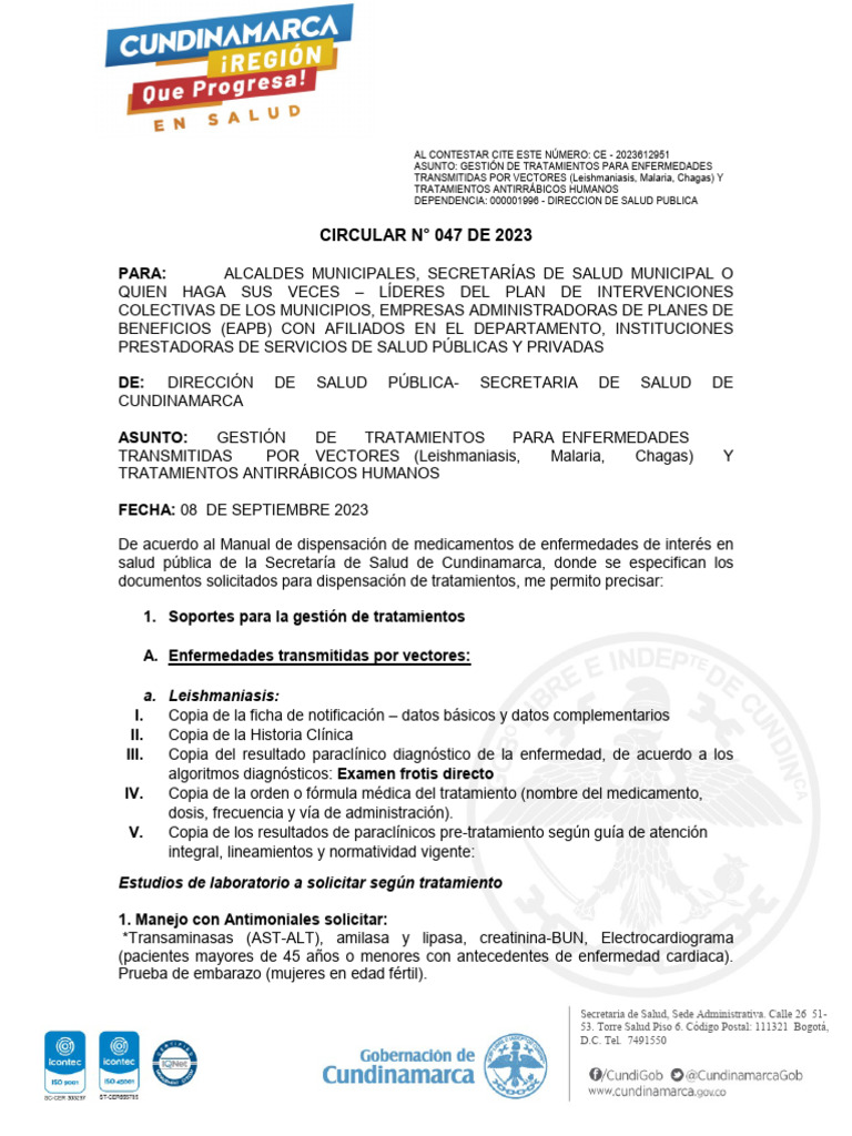 CIRCULAR 047 DE 2023 GESTION PARA TRATAMIENTO ETV-ZOONOSIS-SEP 2023 | PDF | Rabia | Malaria