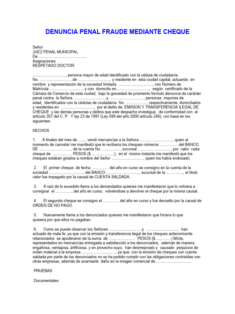 Denuncia Penal Fraude Mediante Cheque | PDF | Cheque