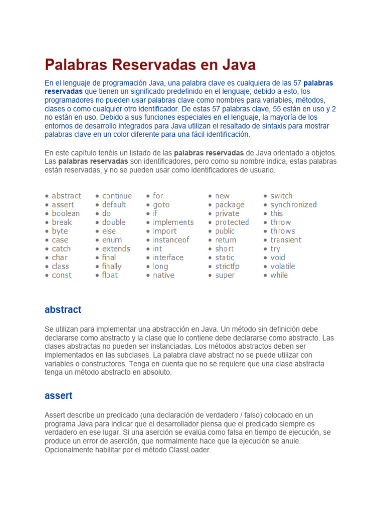 Palabras Reservadas en Java | PDF | Java (lenguaje de programación ...