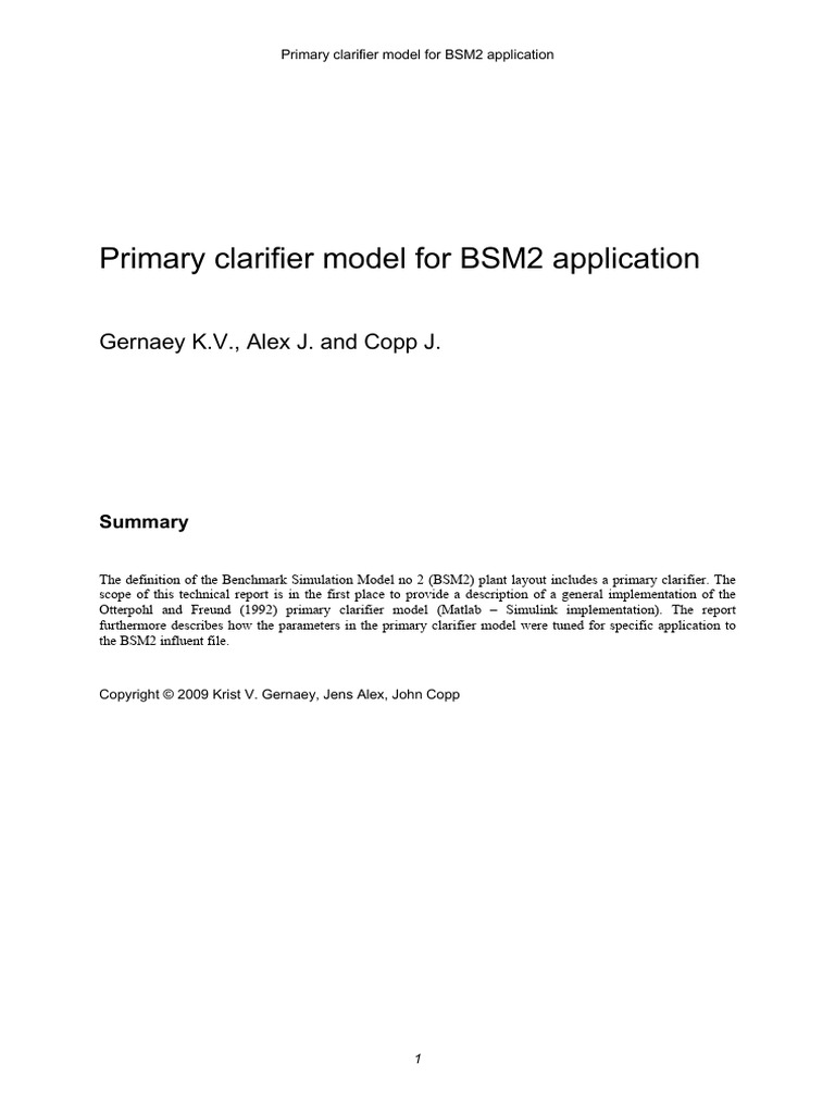 Primary Clarifier Model For BSM2 Application: Gernaey K.V., Alex J. and Copp J | PDF | Flow ...