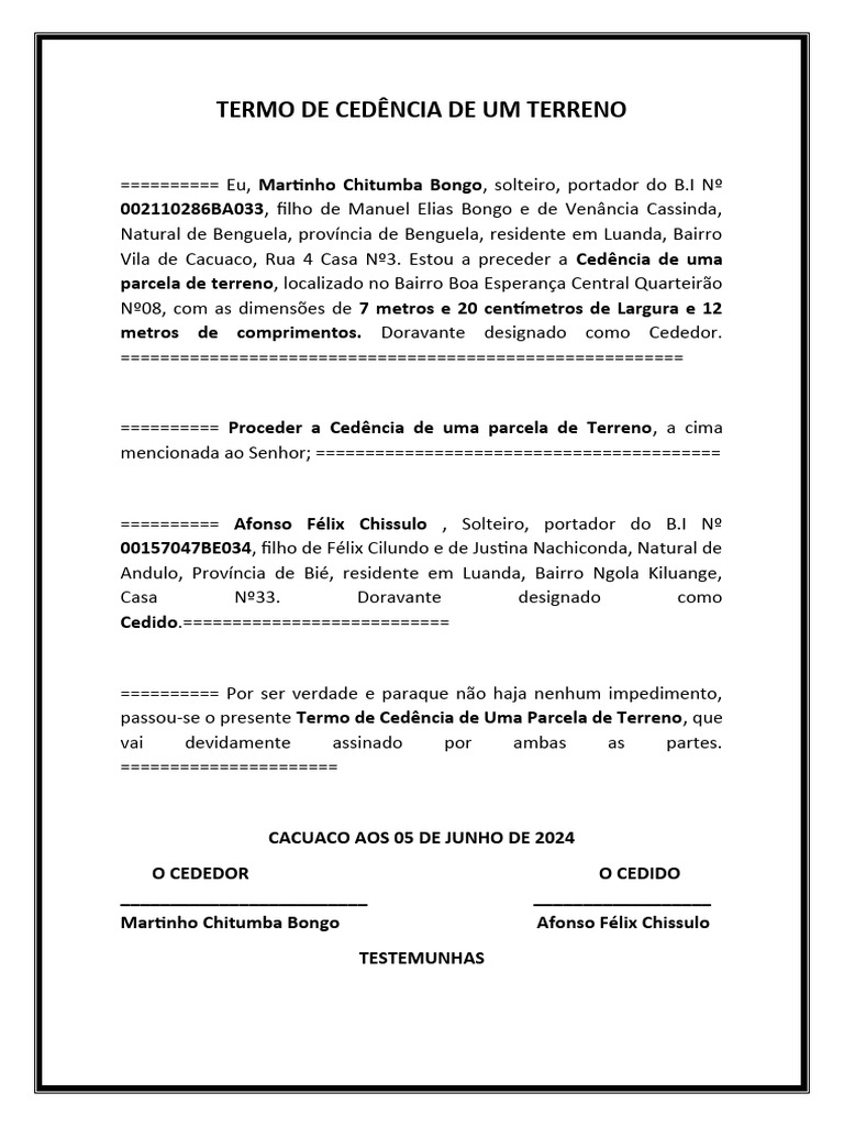TERMO DE CEDÊNCIA DE UM TERRENO | PDF
