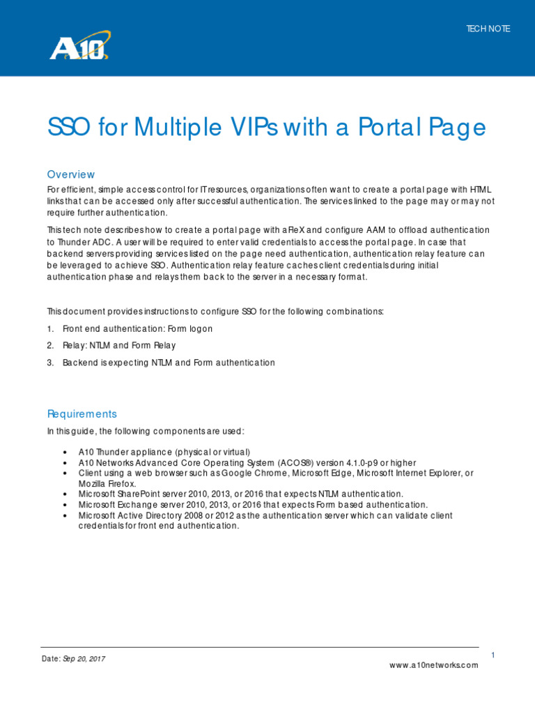 A10-ADC-MS-Tech Note SSO For Multiple VIPs With A Portal Page | PDF | Http Cookie | World Wide Web