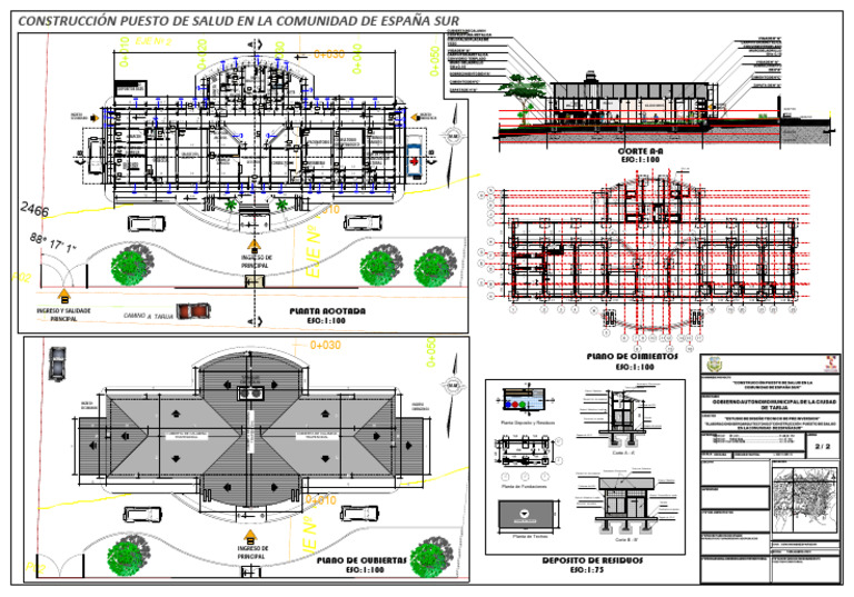 Planta Acotada, Corte B-B, Plano de Cimientos y Cubiertas | PDF