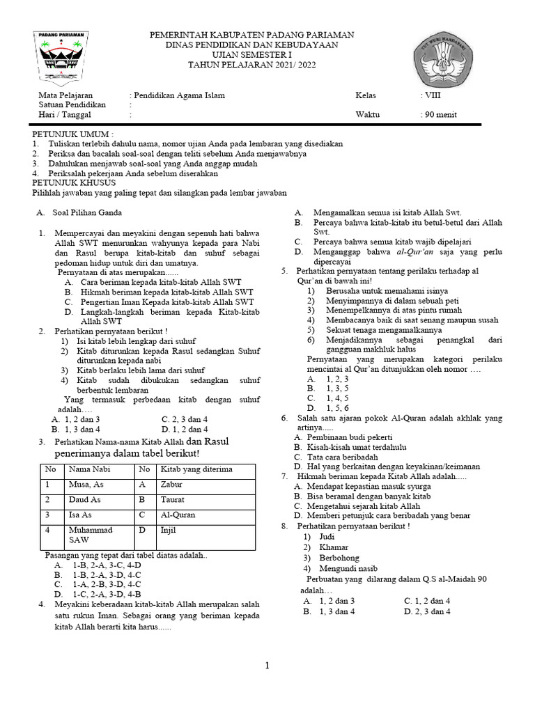 Soal SMT 1 KLS 8 2021-2022 | PDF