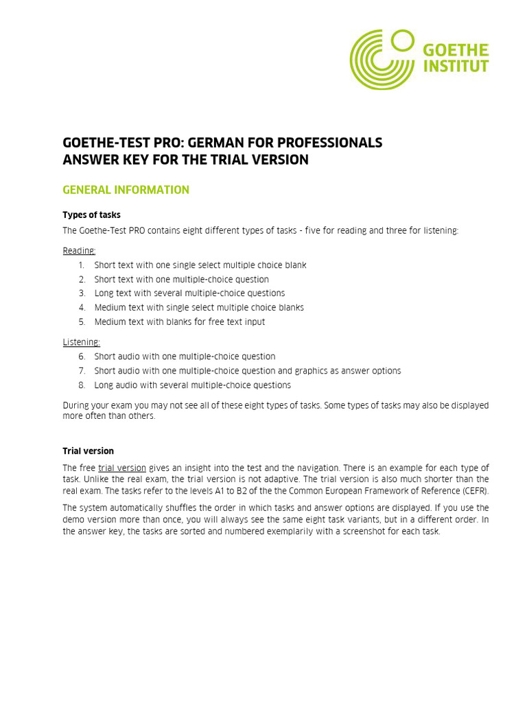 Goethe-Test PRO Trial Answer Key | PDF | Multiple Choice | Methodology