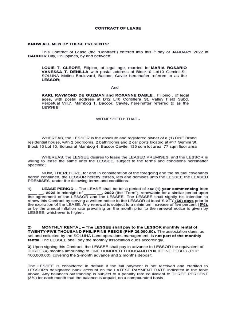 Contract of Lease | PDF | Lease | Private Law