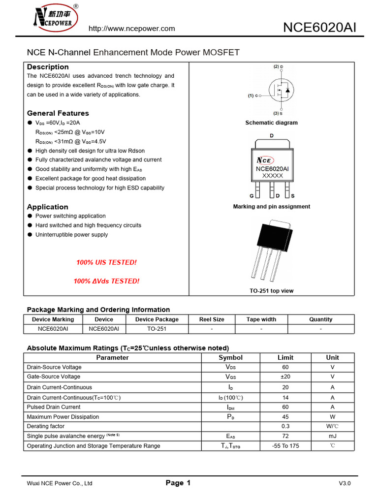 NCE6020AI Power MOSFET Specifications | PDF | Digital Electronics ...
