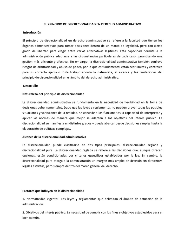 El Principio de Discrecionalidad en Derecho Administrativo | PDF ...