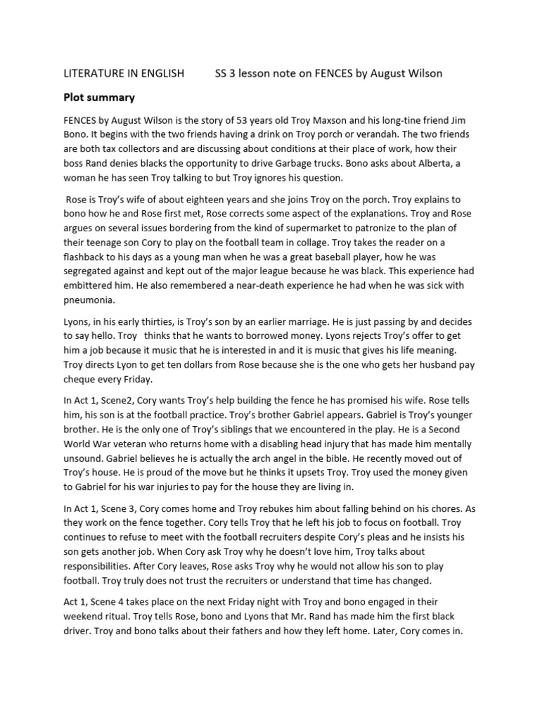 LITERATURE IN ENGLISH SS 3 Lesson Note On FENCES by August Wilson | PDF ...