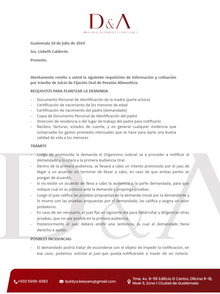 Cotización Juicio Oral de Fijación de Pensión Lisbeth Calderón | PDF ...