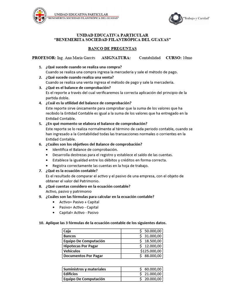 Banco de Preguntas 10mo Tercer Trimestre 2 | PDF | Contabilidad | Hoja ...